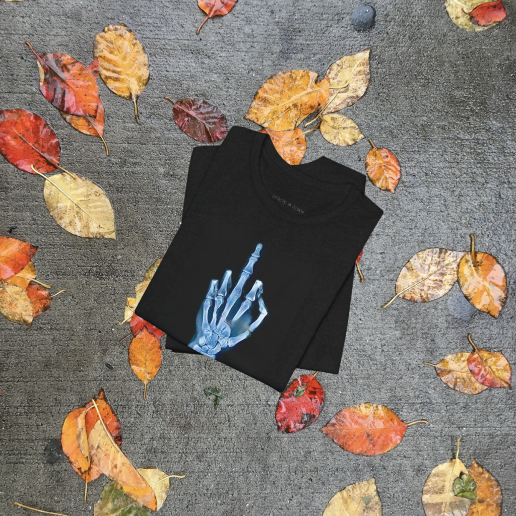 Skeletal X-RAY Middle finger Type One. Street Art Black T-shirt.